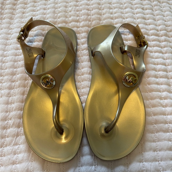 Michael Kors | Shoes | Michael Kors Gold Metallic Sandals With Mk Logo ...